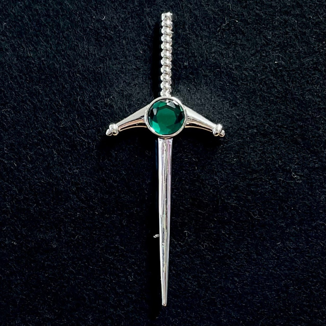 Pewter Sword Kilt Pin - Green Stone - Caledonia Lifestyle Peebles